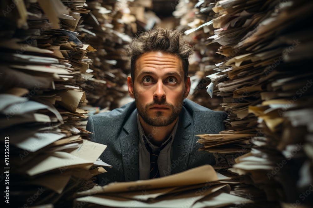 Employee buried under a mountain of documents, signifying a heavy ...