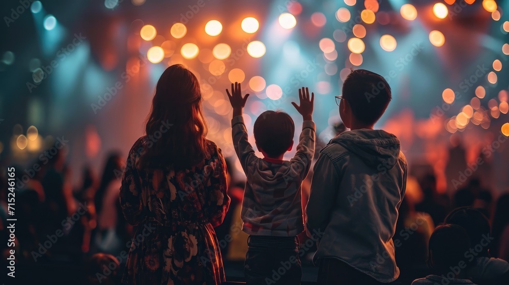 Christian family raised hands to praise God in church worship concert ...