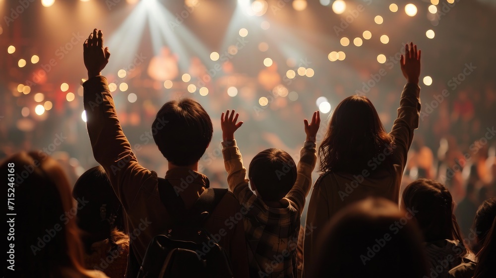 Christian family raised hands to praise God in church worship concert ...