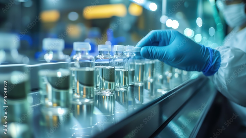 Gloved Hand Shapes Quality Medical Vials on Pharmaceutical Line. Lab ...