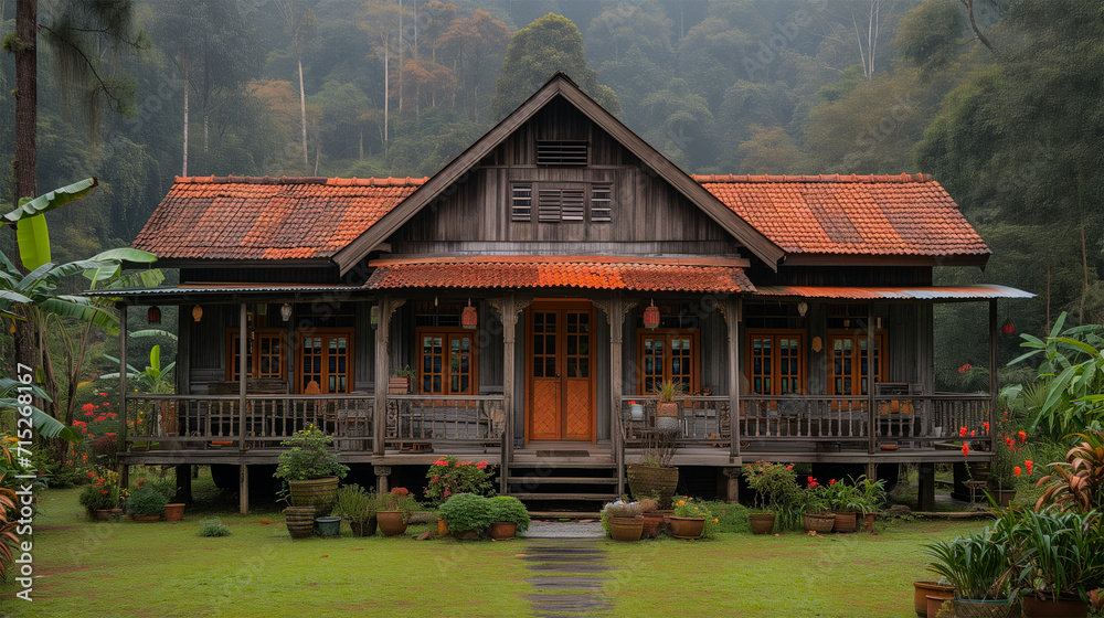 An Ai generative image of old style wooden Malay kampung house ...
