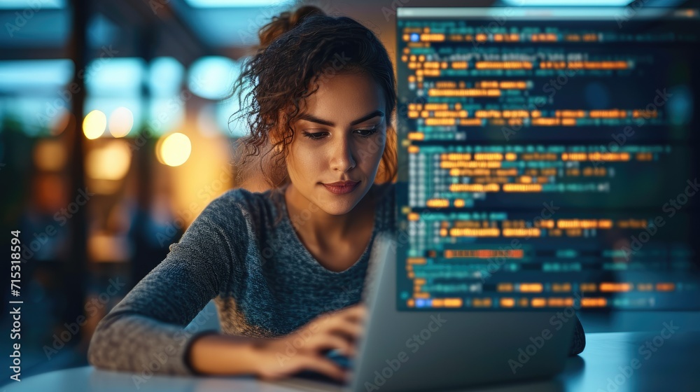 Stock-Foto „Software development concept. Coding programmer, software engineer working on her ...