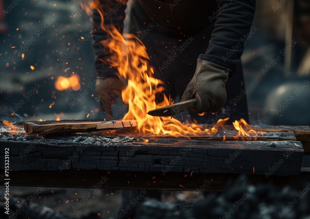 Carpenter using the Shou Sugi Ban technique at work, making burning ...