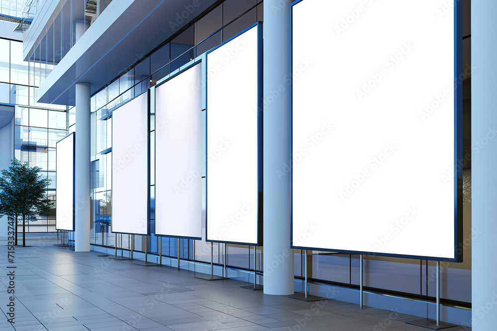 White rectangular Billboards in a modern Office building, Panoramic ...