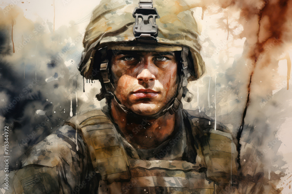 Green Camouflage Army Soldier Holding Rifle, Intense Warrior Staring at ...