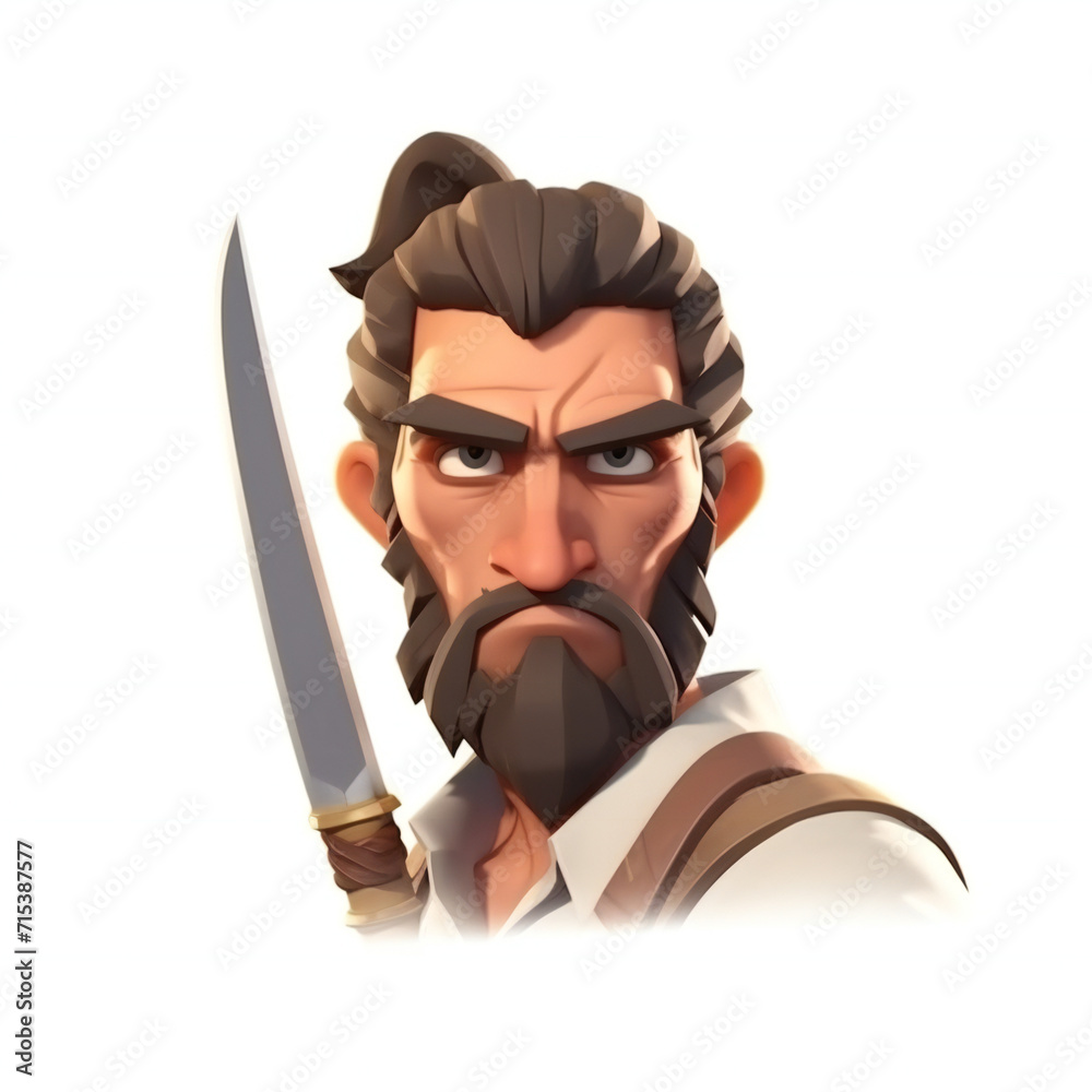 Portrait of an angry brunette hunter with a scar on his cheek, sword ...