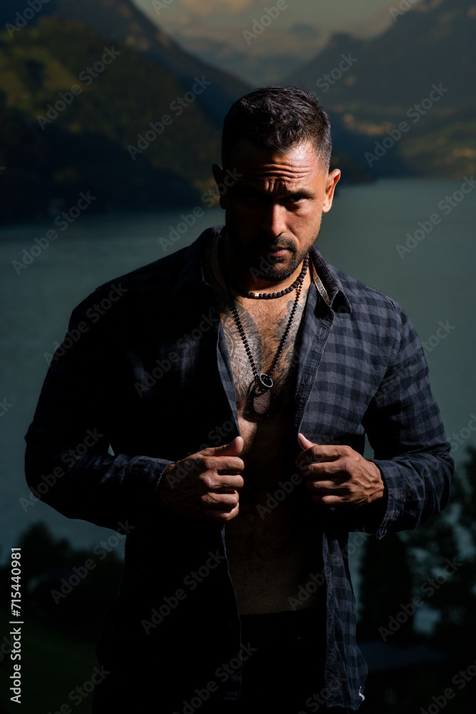 Sexy man posing outdoor on nature background. Man sexy. Handsome naked ...