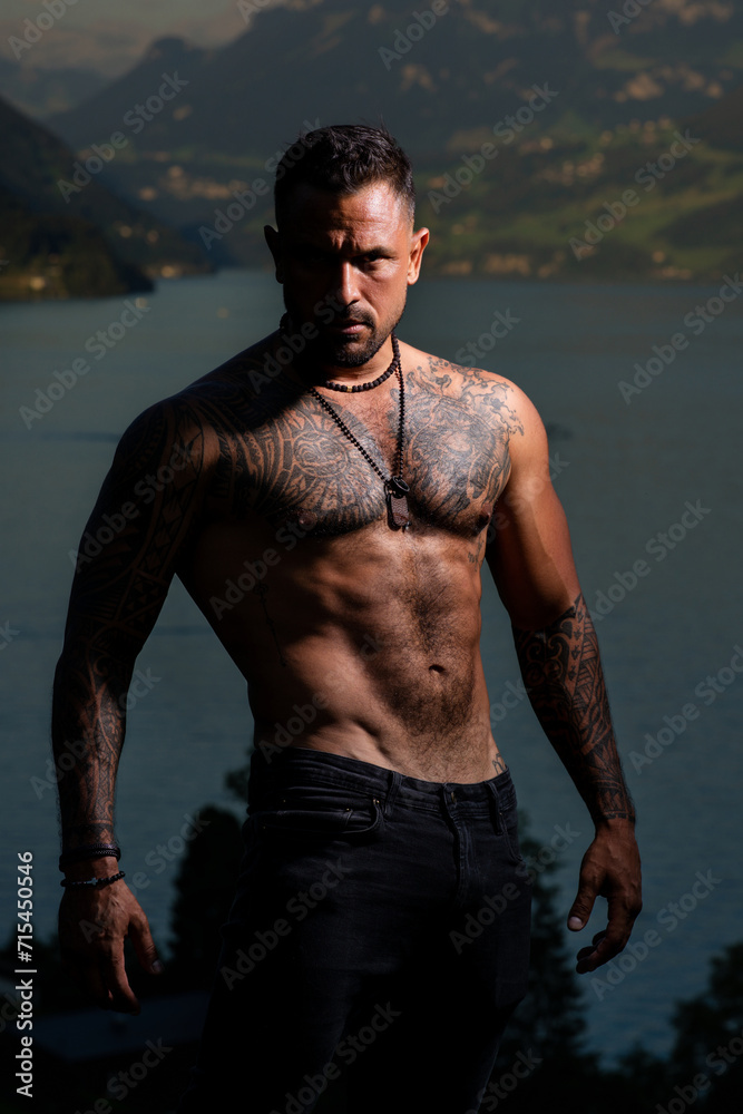 Sexy man posing outdoor on nature background. Man sexy. Handsome naked ...