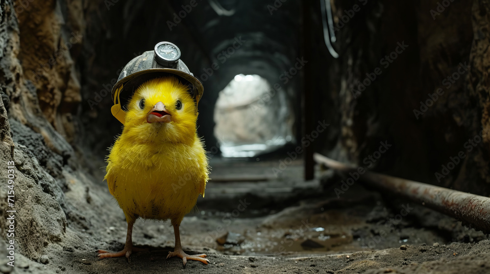 Canary bird wearing small miner's hard hat in mine shaft, canary in the ...
