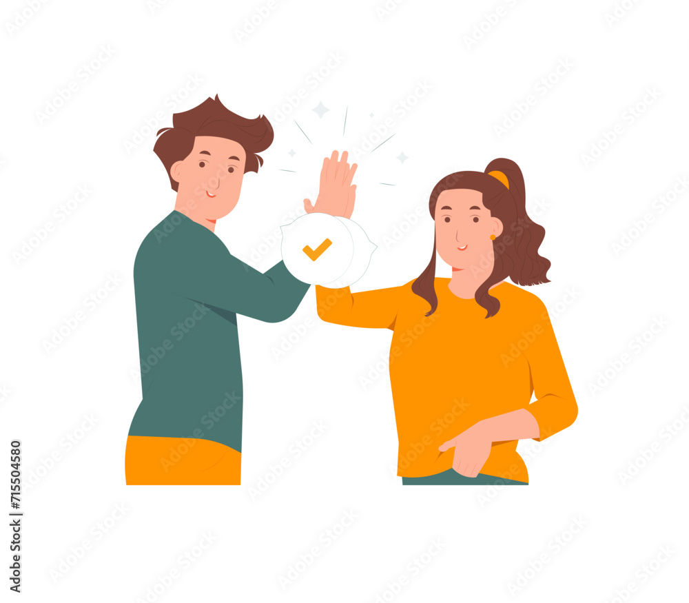 Excited young man and woman giving high five gesture, slapping each ...