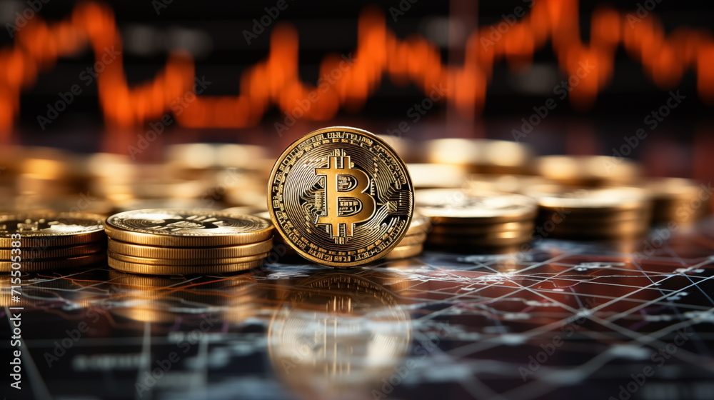 3D gold Bitcoin on price candlestick chart background. Dark trading chart Background ...