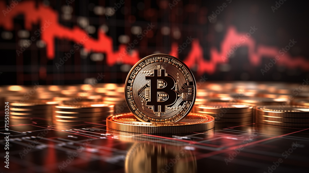 3D gold Bitcoin on price candlestick chart background. Market crash, Dropping down. Price Value ...