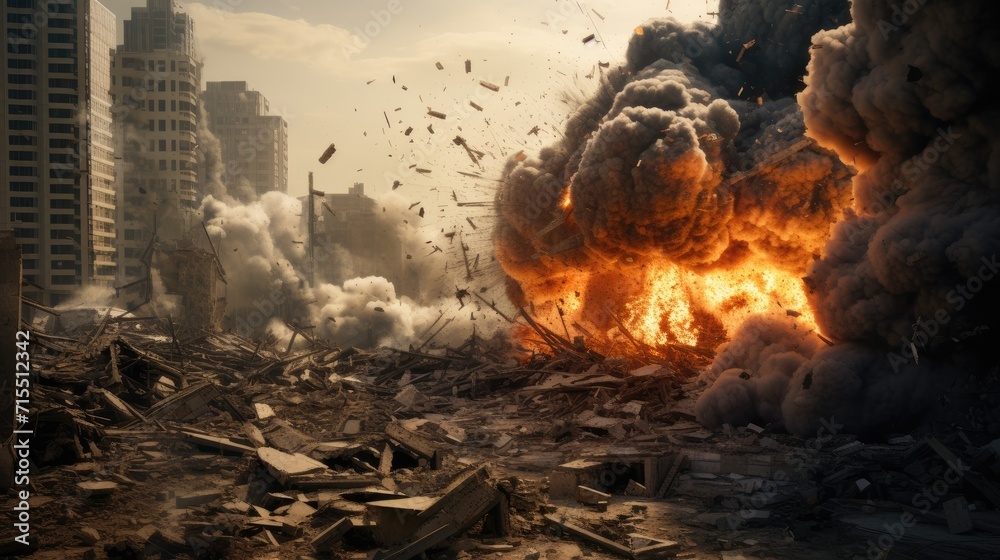 an explosion on a battleground, capturing the chaos, debris, and the ...