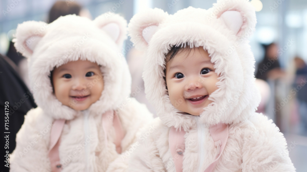 Twin babies dressed in fluffy bear suits smiling adorably, creating a ...