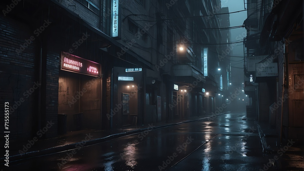 Dystopian scary dark alley way in cyberpunk city with buildings and ...