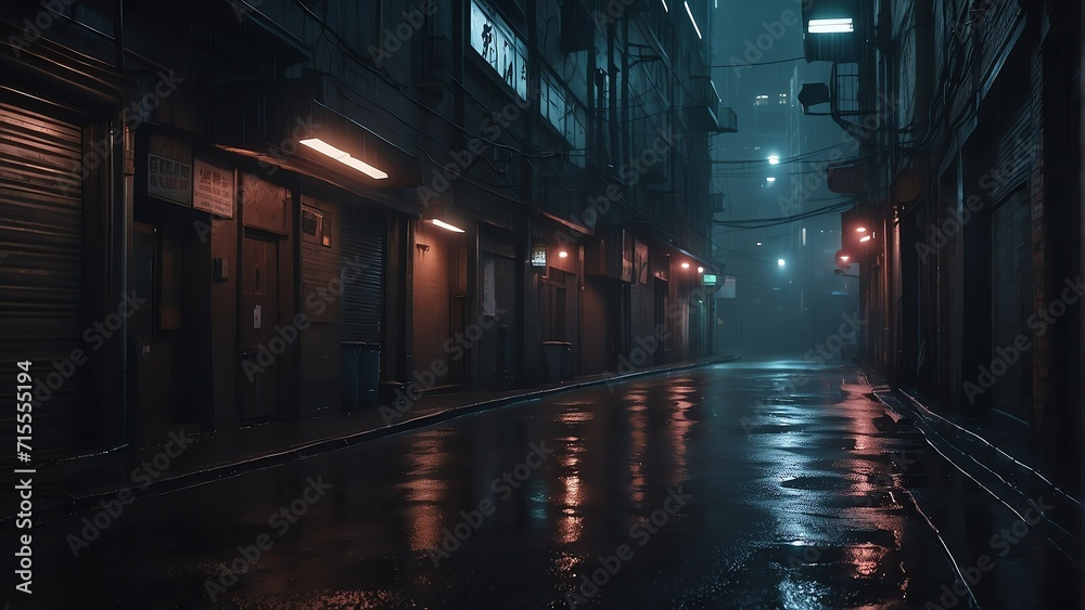 Dystopian dark alley way in cyberpunk city at night with buildings and ...