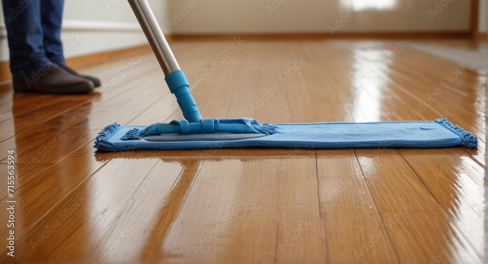 Fiber mop wiping puddle of water on laminate floor Stock Photo | Adobe ...