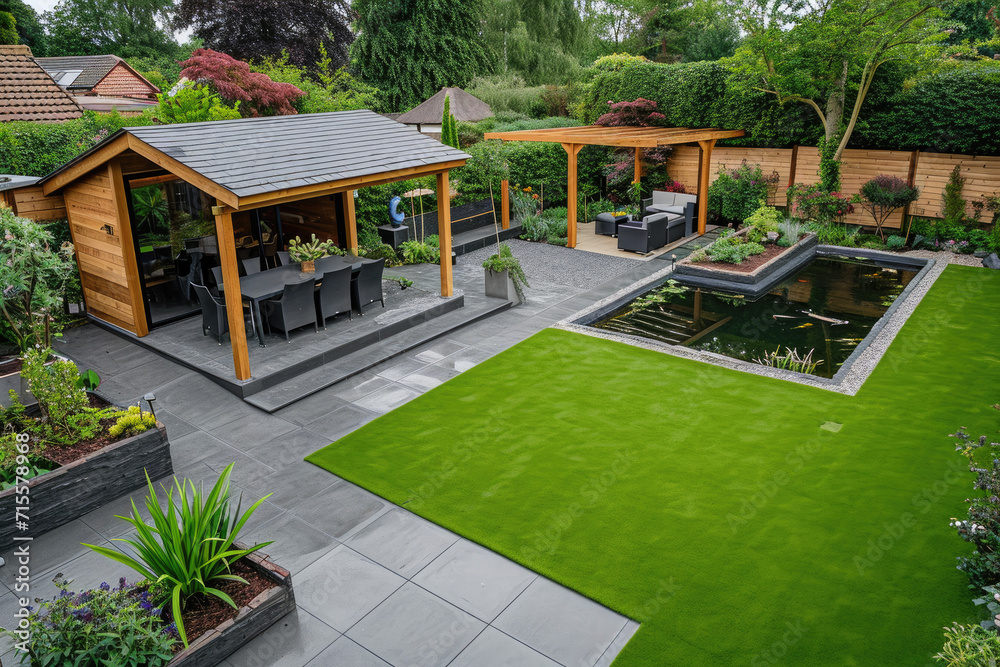 high view of a back garden with artificial grass, grey paving slab ...