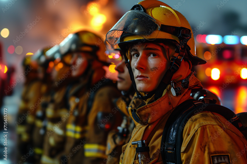 Generative AI illustration of line of determined firefighters in ...