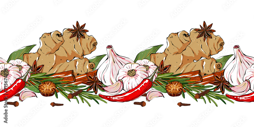 Fragrant spices. Hand drawn illustration of seamless border with garlic ...