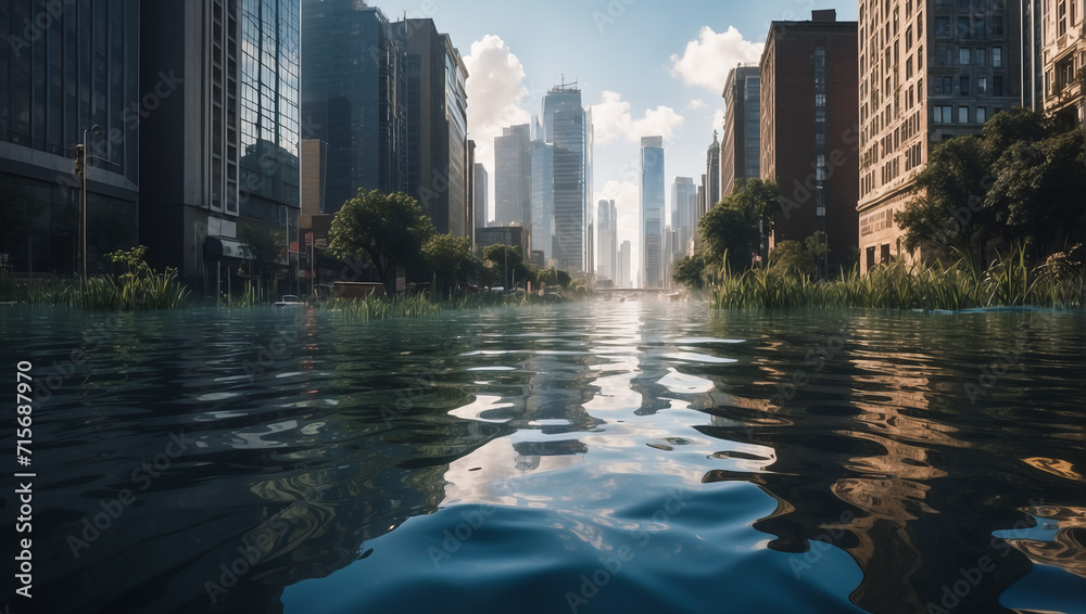 Coastal city experiencing flooding from rising sea levels with ...