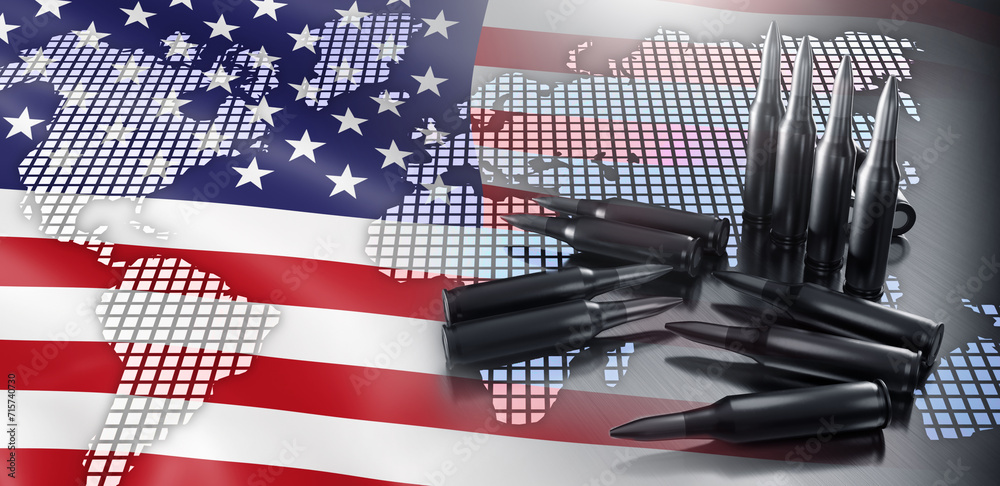 Weapon cartridges on US flag. World map with bullets for machine gun ...