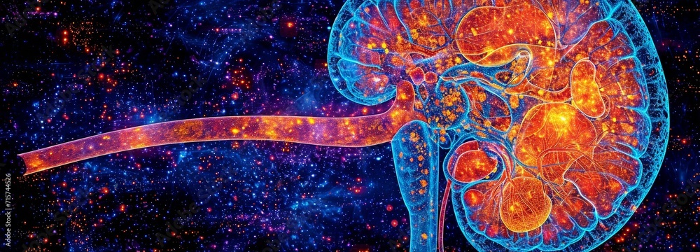 Anatomical graphic showing the cross section of a human kidney ...