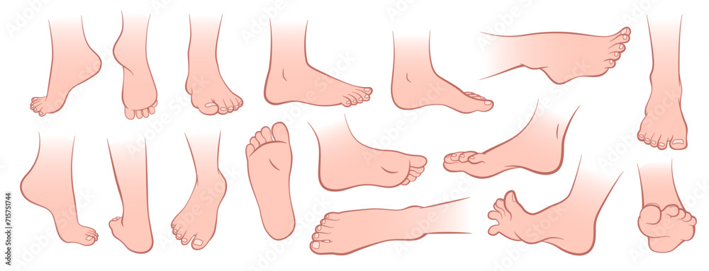 Human feet. Different naked foot positions, sole, heel and toes, front ...