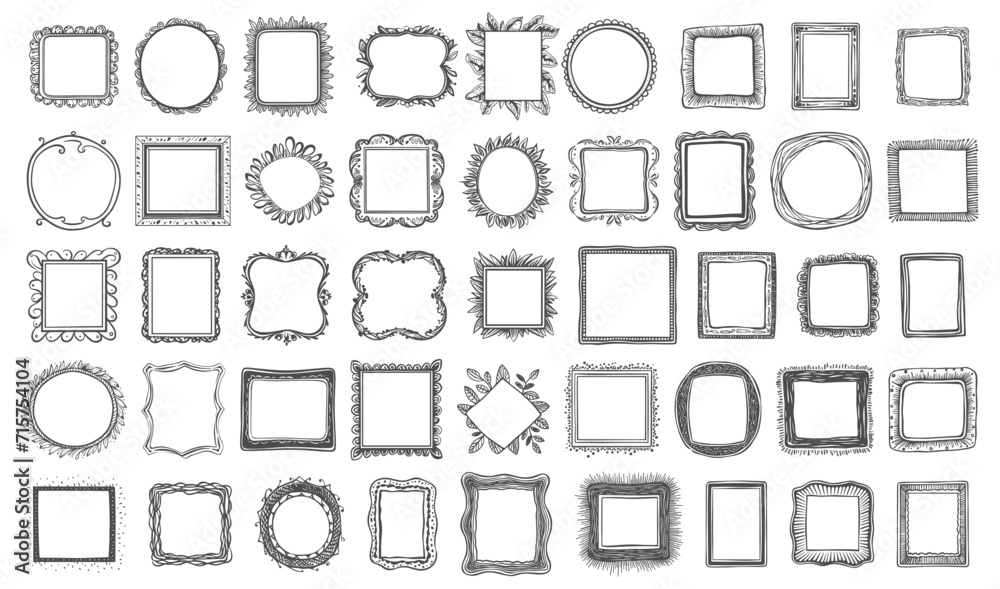 Hand drawn simple frames. Doodle sketch frame set, black vector ...