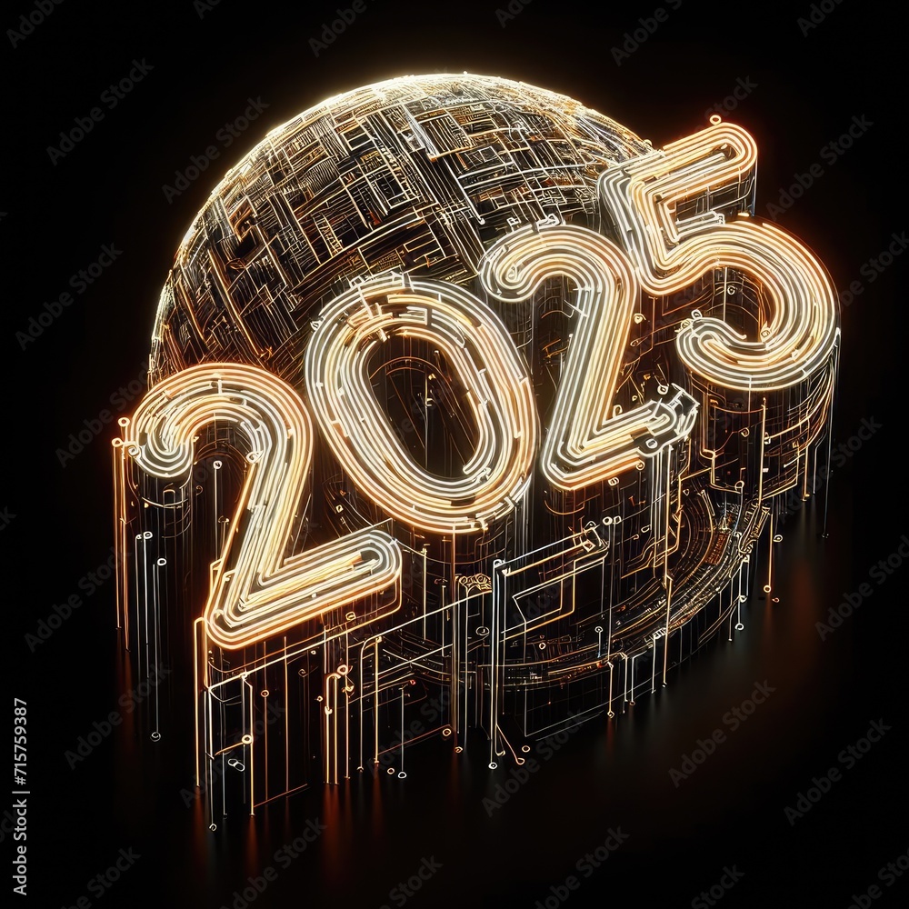 Happy New Year 2025, 2025 lights, view of the year 2025 number floating, Computer drawing number ...