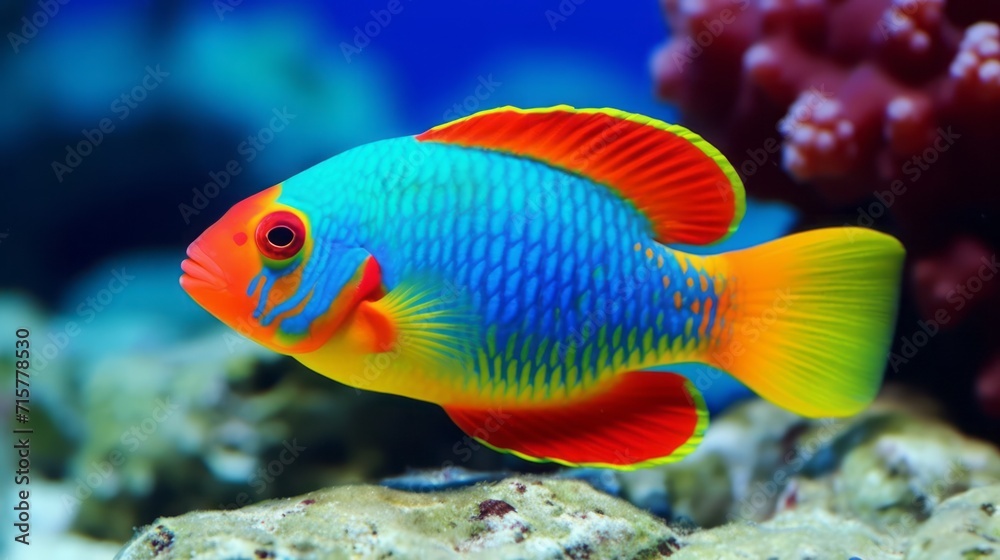 Tropical fish. Closeup of a colorful tropical fish swimming in a coral ...
