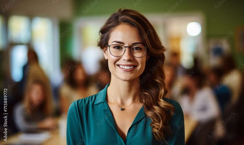 Confident female teacher smiling in a classroom environment, standing ...