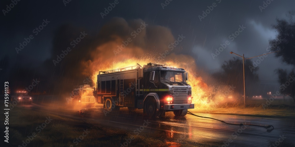Fire engine. Generative AI. The fire engine are with ladders ...