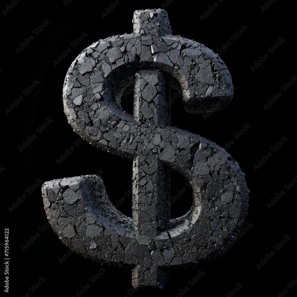 Basalt Stone Dollar Sign isolated on Black Background. Photorealistic ...