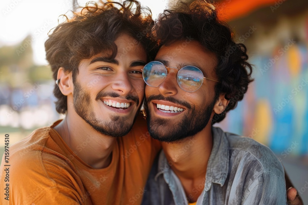 Two stylish men radiate joy and connection as they share a laugh, their ...