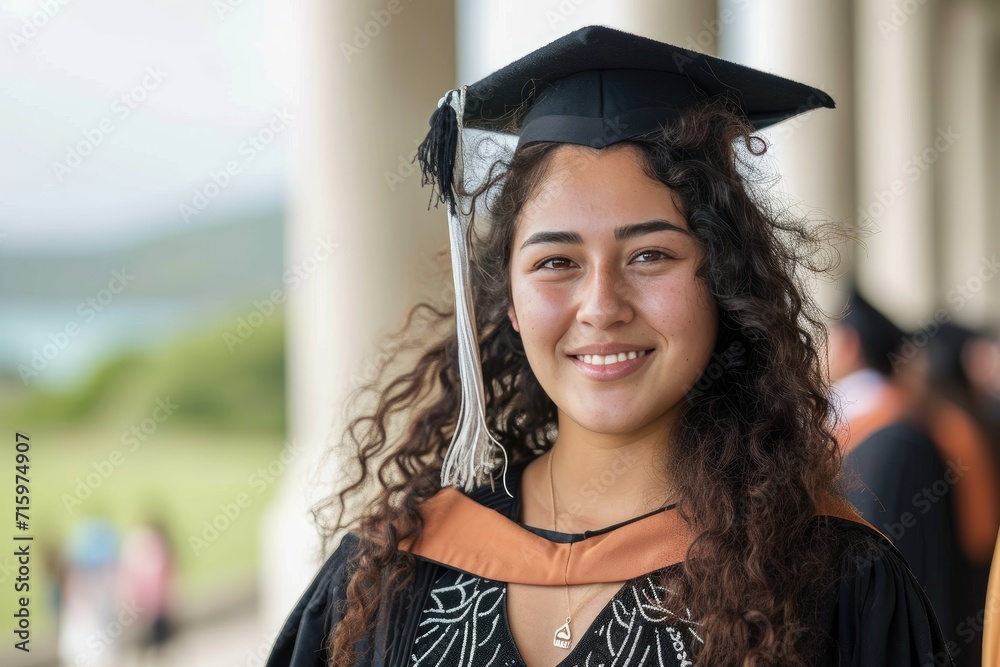 A jubilant female scholar donning her academic dress and mortarboard ...