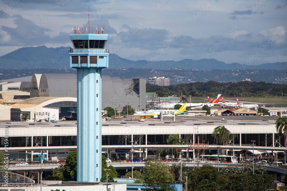 Fotografie Aerial view of Air Traffic Control Tower and Terminal 2 at ...