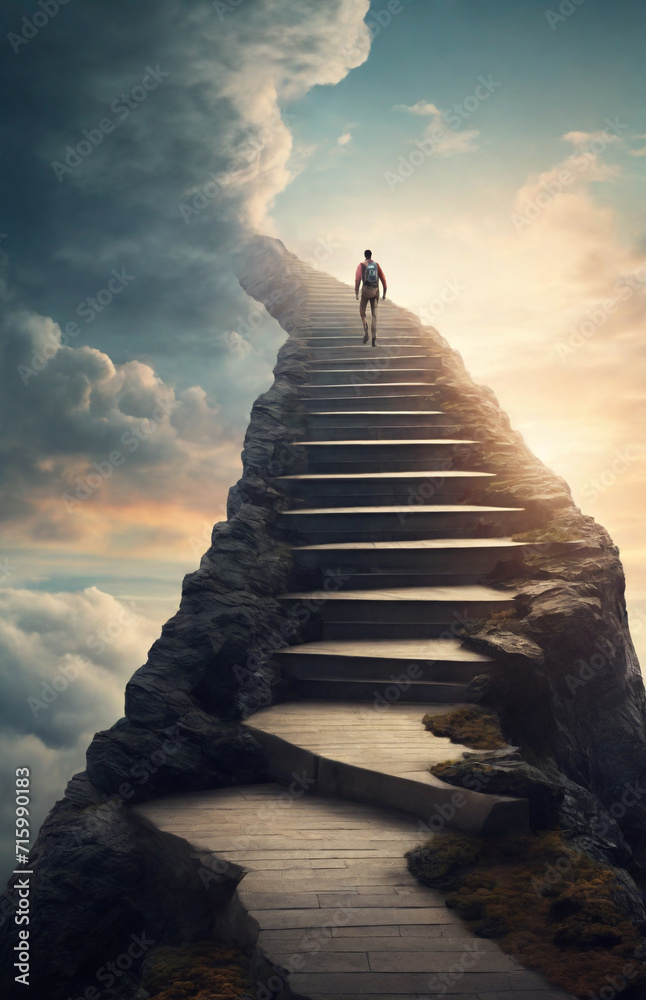 person on the top of the mountain, Road to discovery concept with man ...