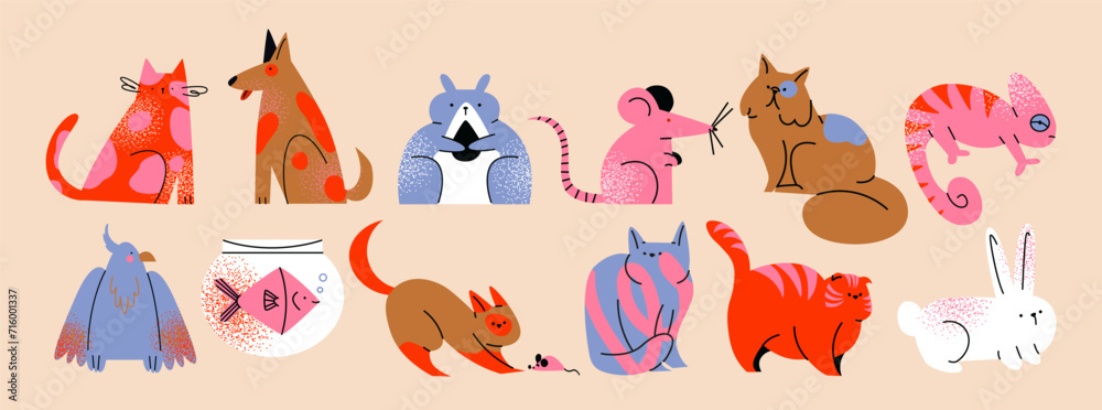 Cute pets cats and dogs in groovy style 90s. cartoon puppies characters ...