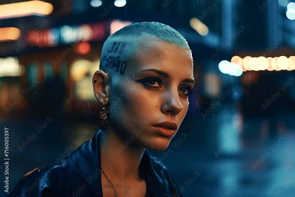 Young punk rock woman with a shaved head. Goth lifestyle. Rainy Coney ...