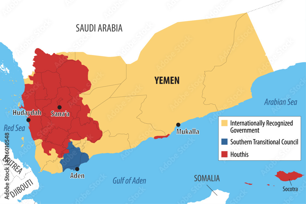 Vector graphic of Houthi control areas map in Yemen and Red Sea Stock Vector | Adobe Stock