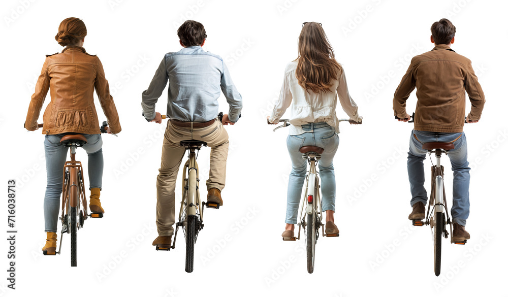 Back view of men and women using bicycle over isolated transparent ...