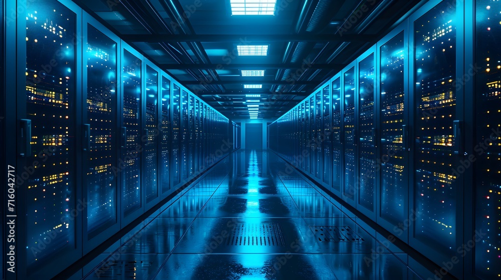 data center network, a long hallway with rows of servers in a data ...