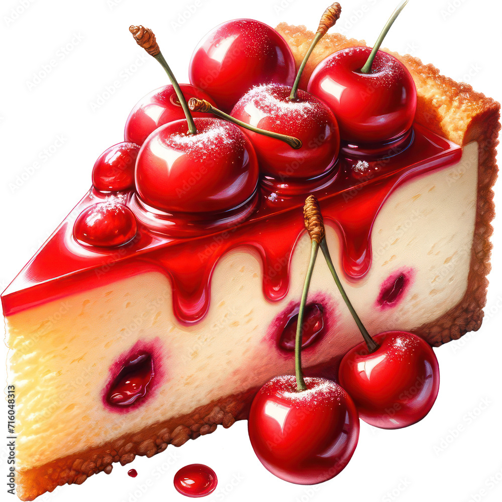 Cherry Cheesecake, A hyper-realistic watercolor painting of a slice of ...