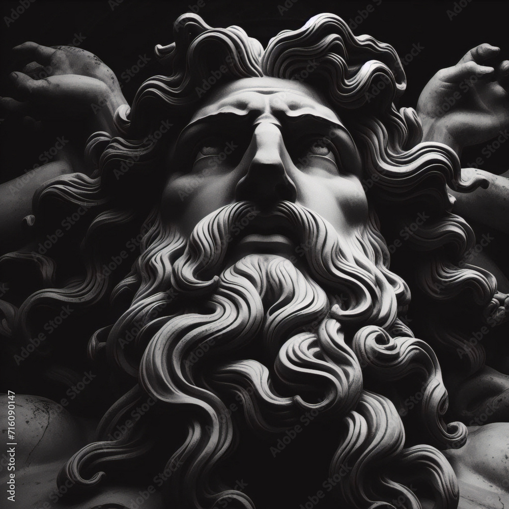 Handsome marble statue of powerful greek god Zeus over dark background ...