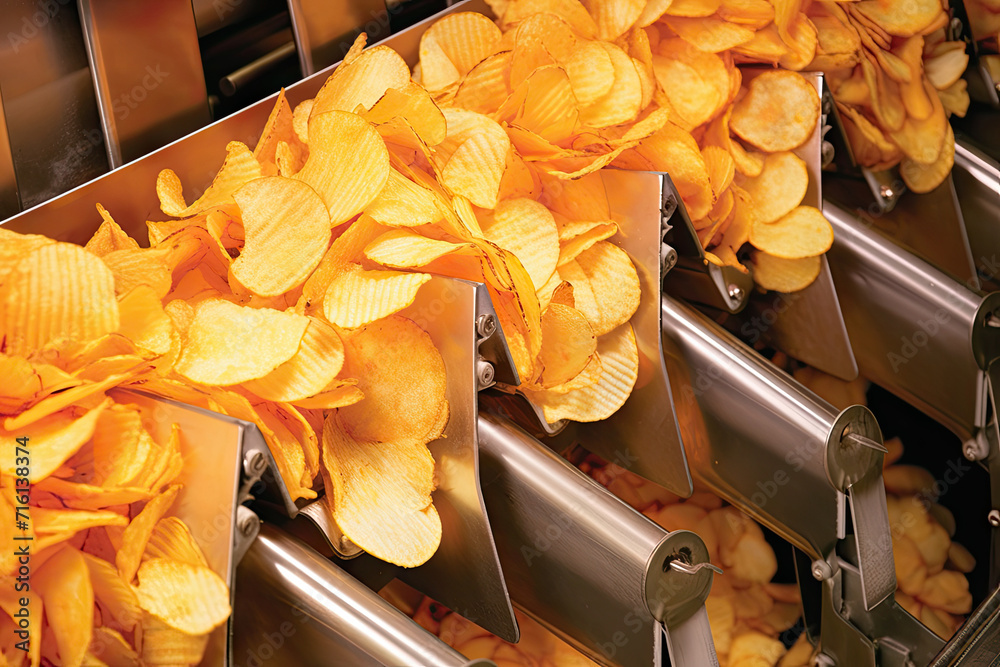 Chips on converter belt, potato chips packaging, line for the ...