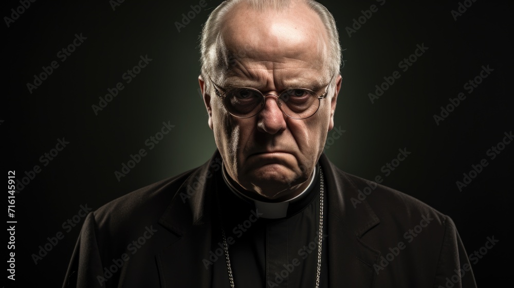 The judgmental look of a Catholic priest. A 50-year-old man looks at ...