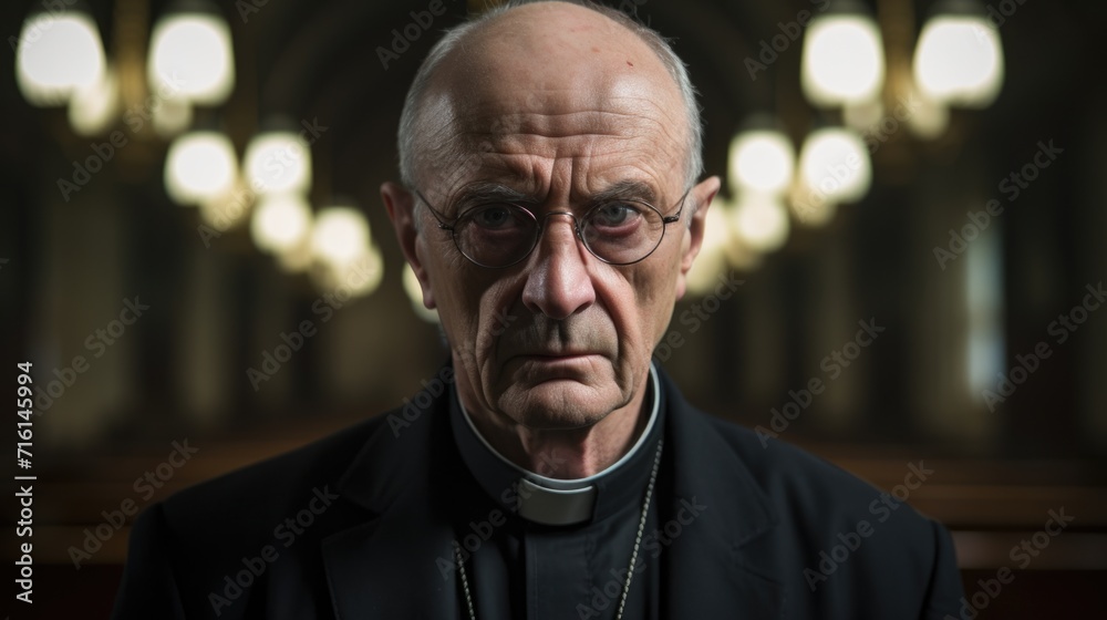 The judgmental look of a Catholic priest. A 50-year-old man looks at ...
