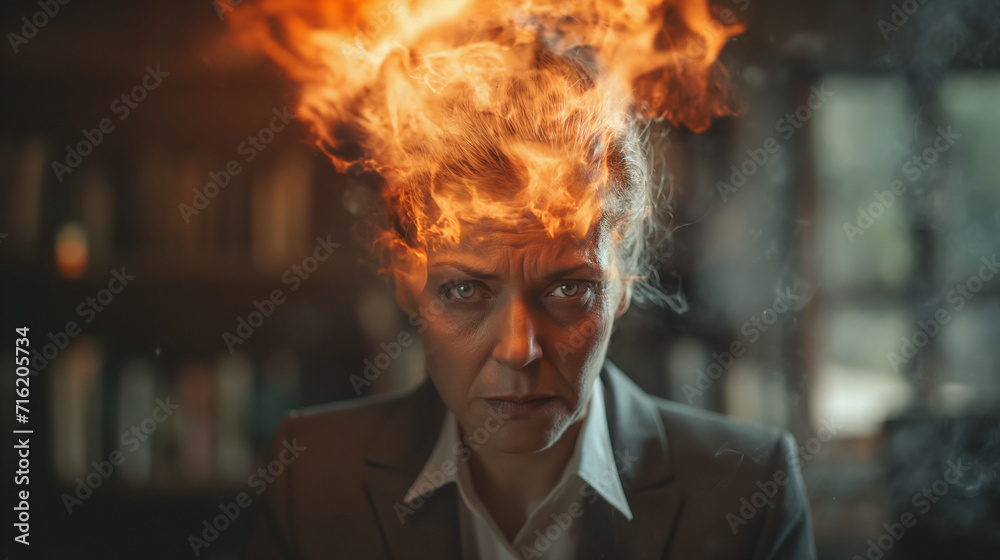 Business woman working amidst anger, stress, fire, work demon Stock ...