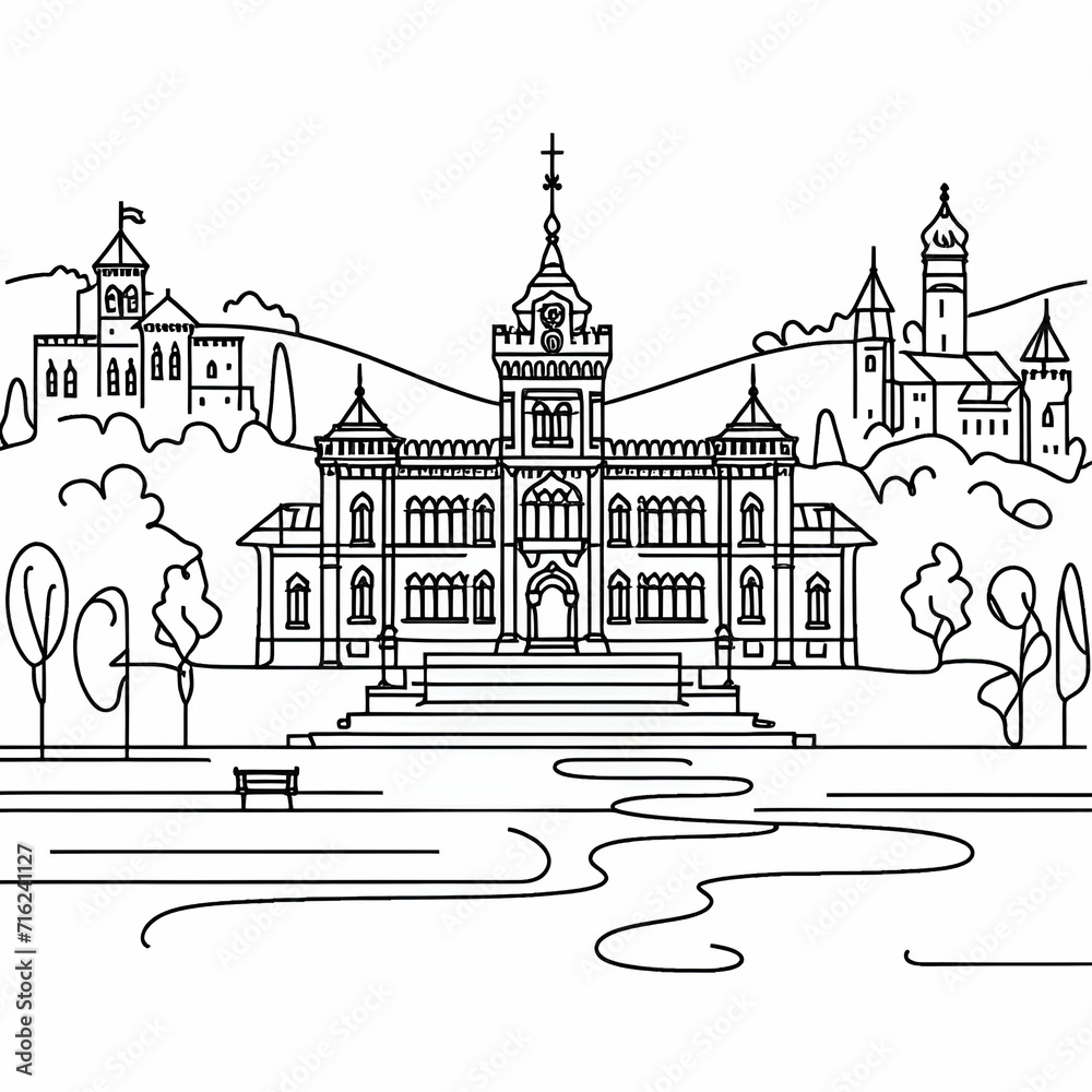 Continuous one line drawing of old residence and castle. Serbian ...